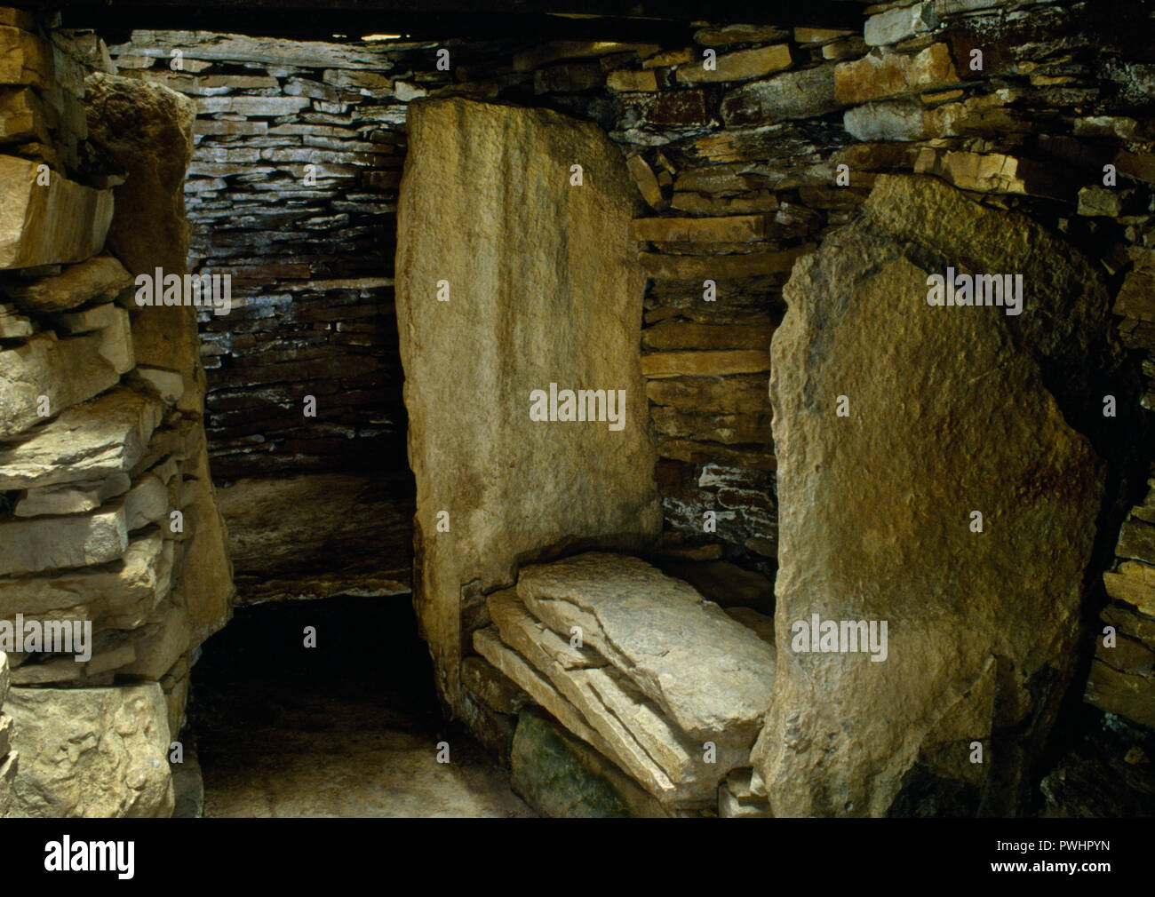 View W of lower burial chamber of Taversöe Tuick Neolithic double ...