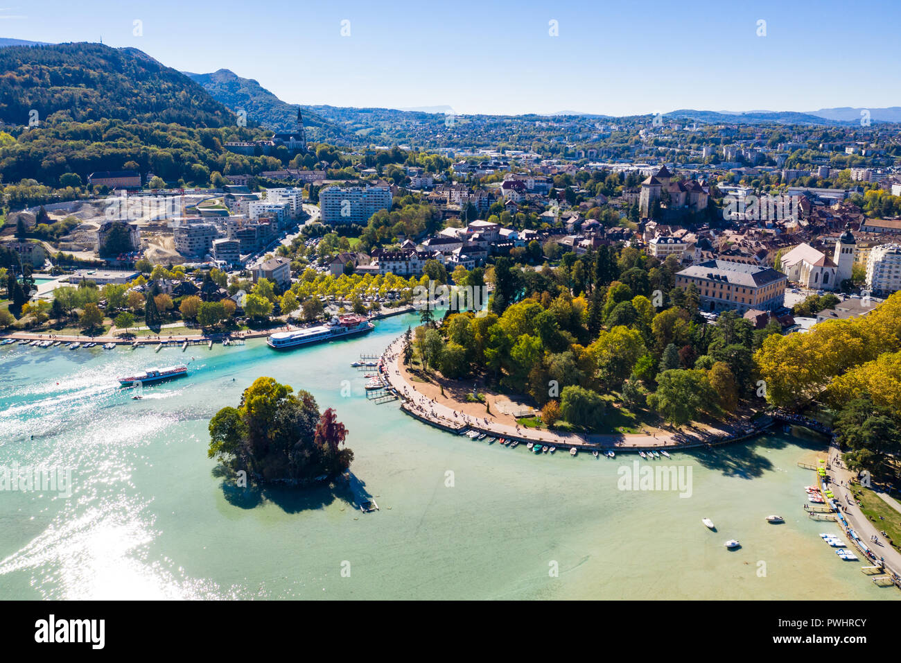 Aerial view of Annecy lake waterfront low tide level due to the drought ...