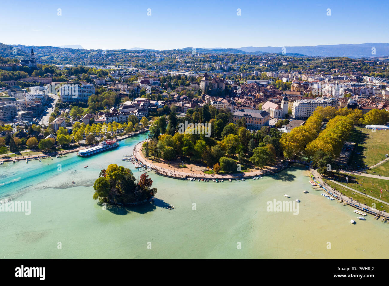 Aerial view of Annecy lake waterfront low tide level due to the drought ...