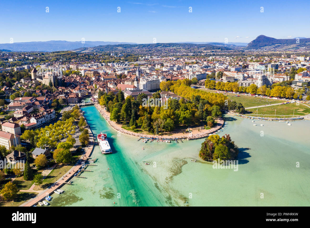 Aerial view of Annecy lake waterfront low tide level due to the drought ...