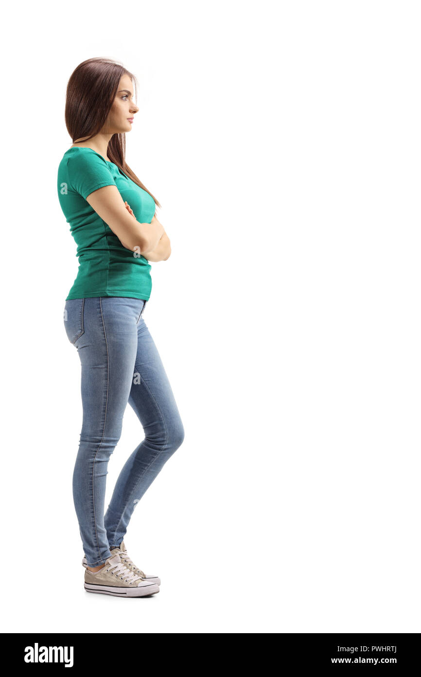 Full length profile shot of a young woman waiting in line isolated on ...