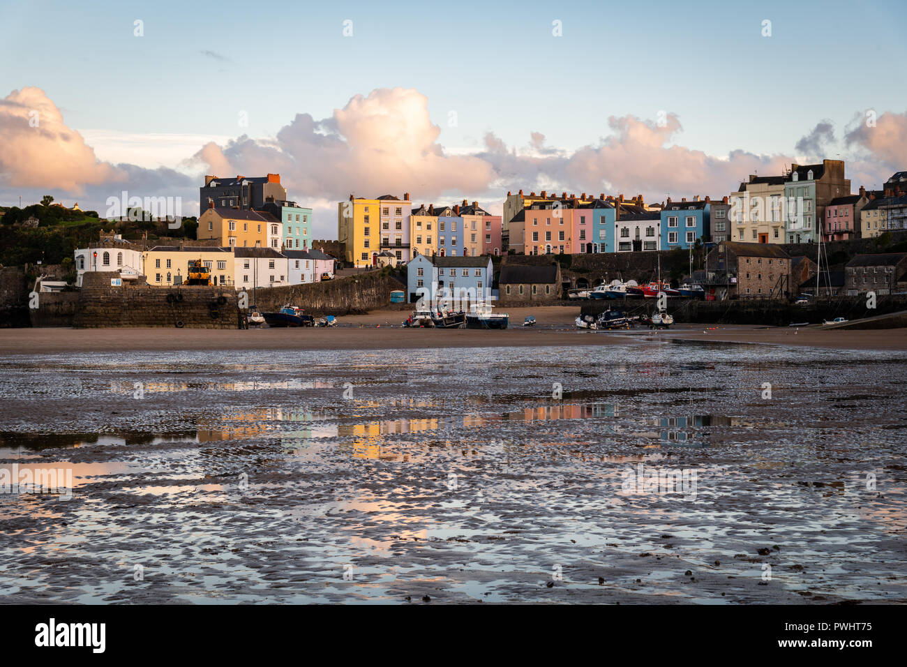 Tenby Colourful Houses and harbour at Sunset, Pembrokeshire, Wales, UK ...