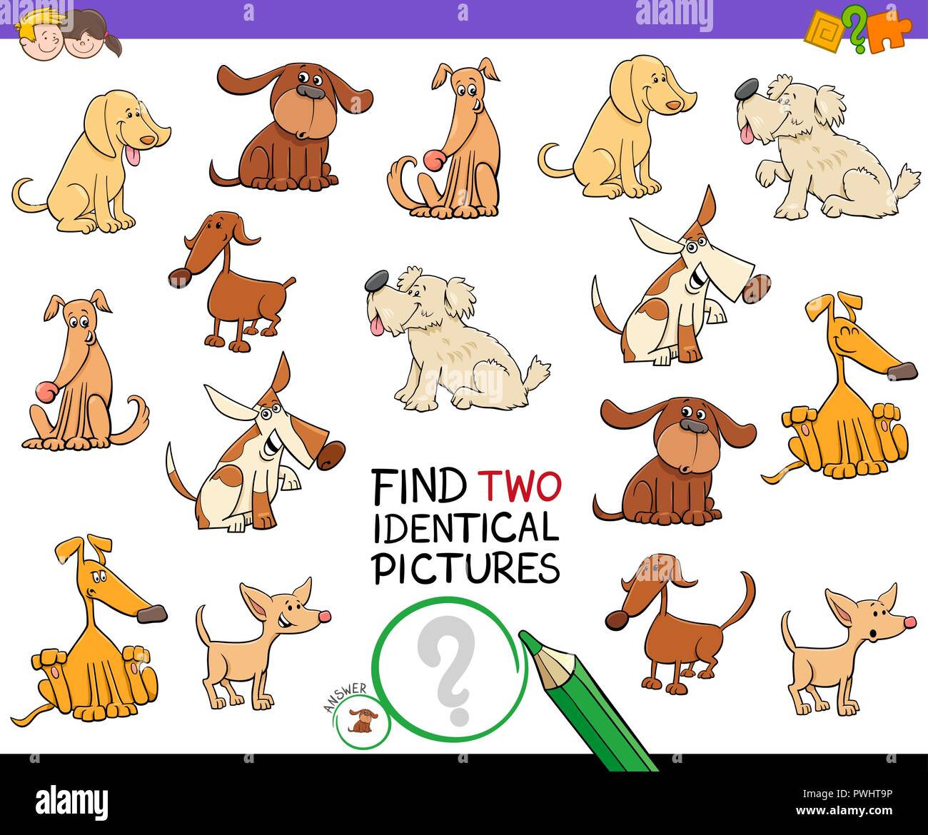 Cartoon Illustration of Finding Two Identical Pictures Educational Game ...