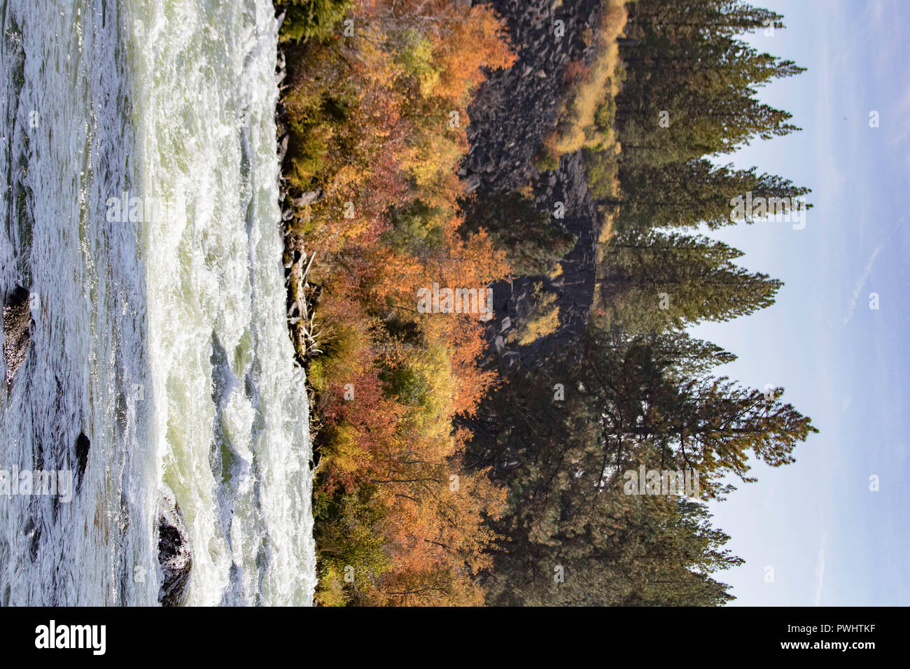 A talus slope gives way to bright fall foliage on the bank of the ...