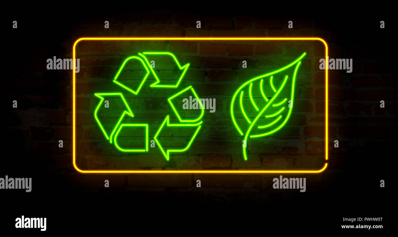 Recycling symbol in neon light stylizing illustration. Abstract concept ...