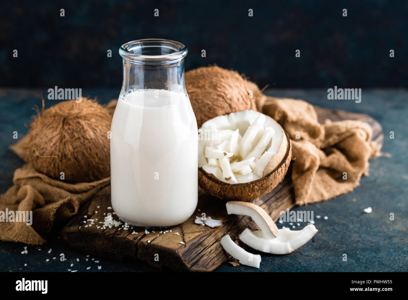 Fresh coconut milk in glass bottle, vegan non dairy healthy drink Stock ...