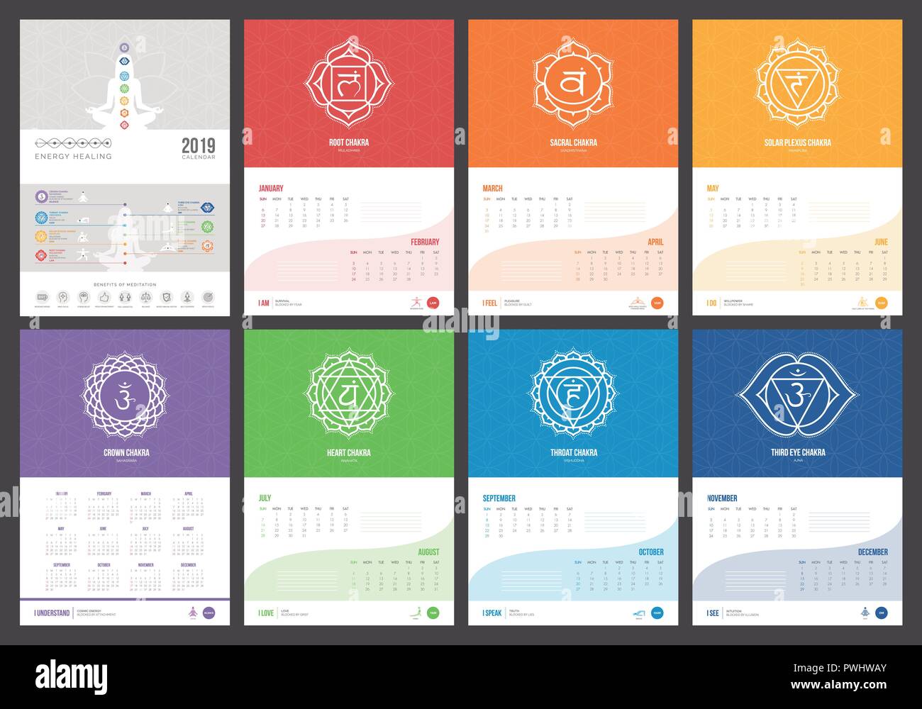 Self healing, meditation and chakras calendar 2019 with yoga poses and ...