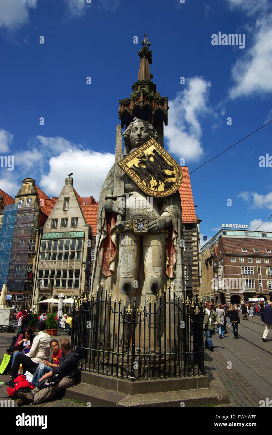 Bremen, Germany. The Bremer Roland statue (1404) in the Market square ...