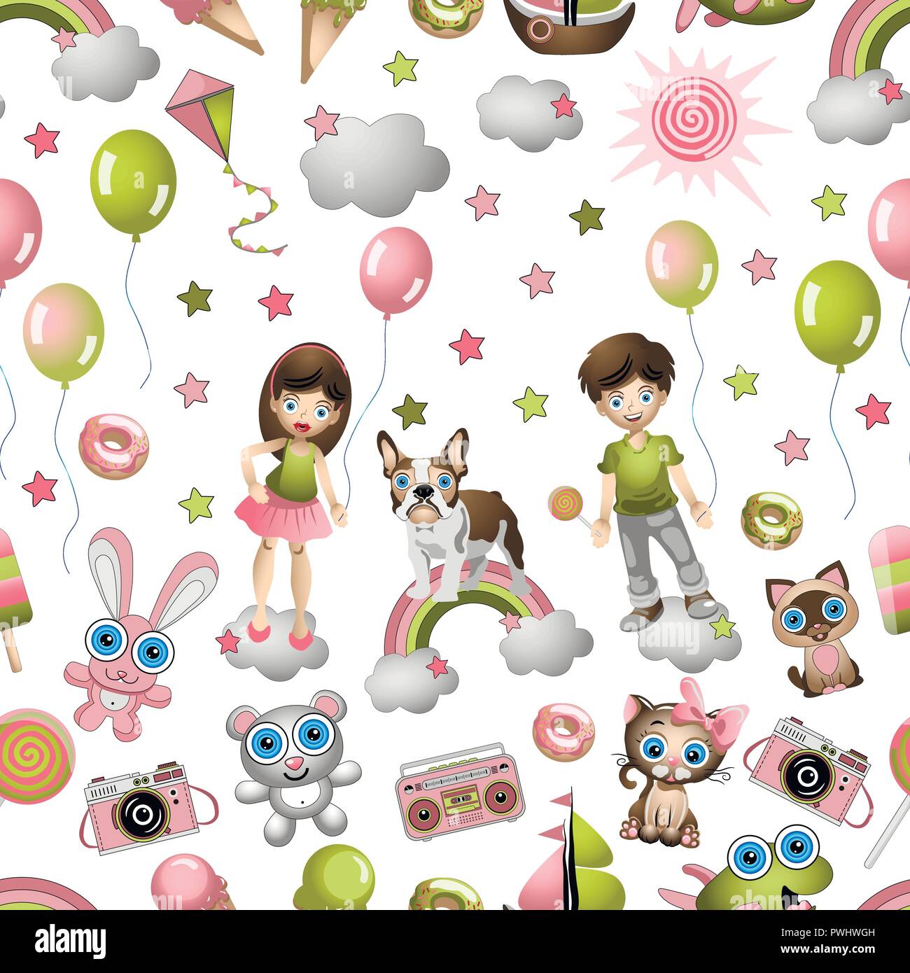 Seamless pattern in the cartoon style with children, toys, pets, sweets ...