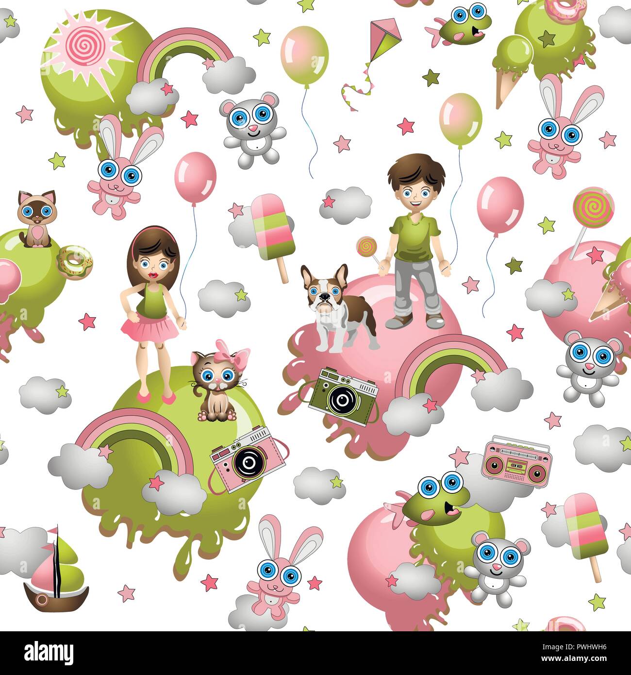 Seamless pattern in the cartoon style with children, toys, pets, sweets ...