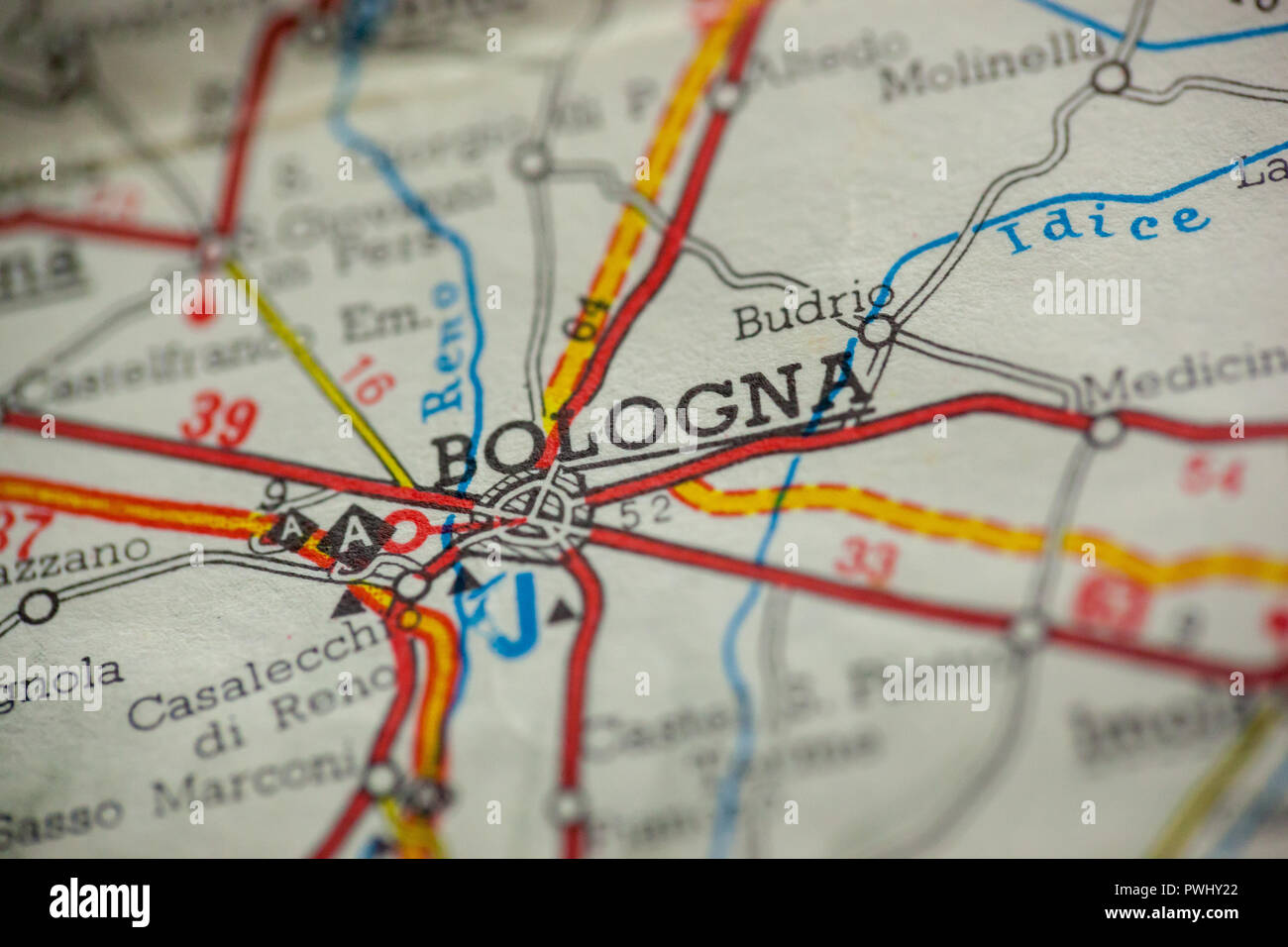 Bologna, Italy is the center of focus on an old map Stock Photo - Alamy