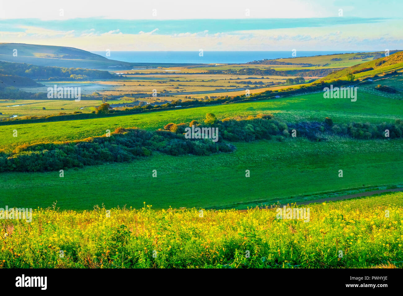 Cuckmere valley, East Sussex, United Kingdom, UK, rolling hills and a ...
