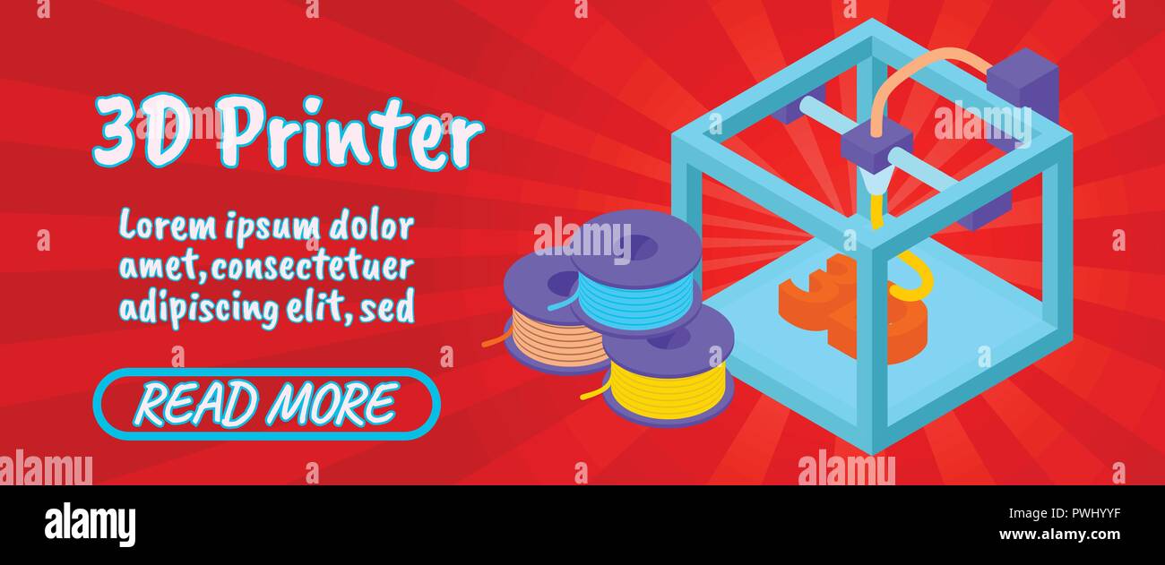 3D printer concept banner, comics isometric style Stock Vector Image ...