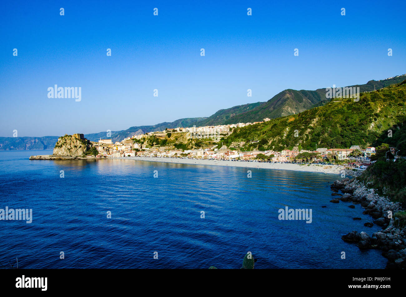 Scilla - Italy - May 2018: Landscape of Scilla with castle on a quiet ...