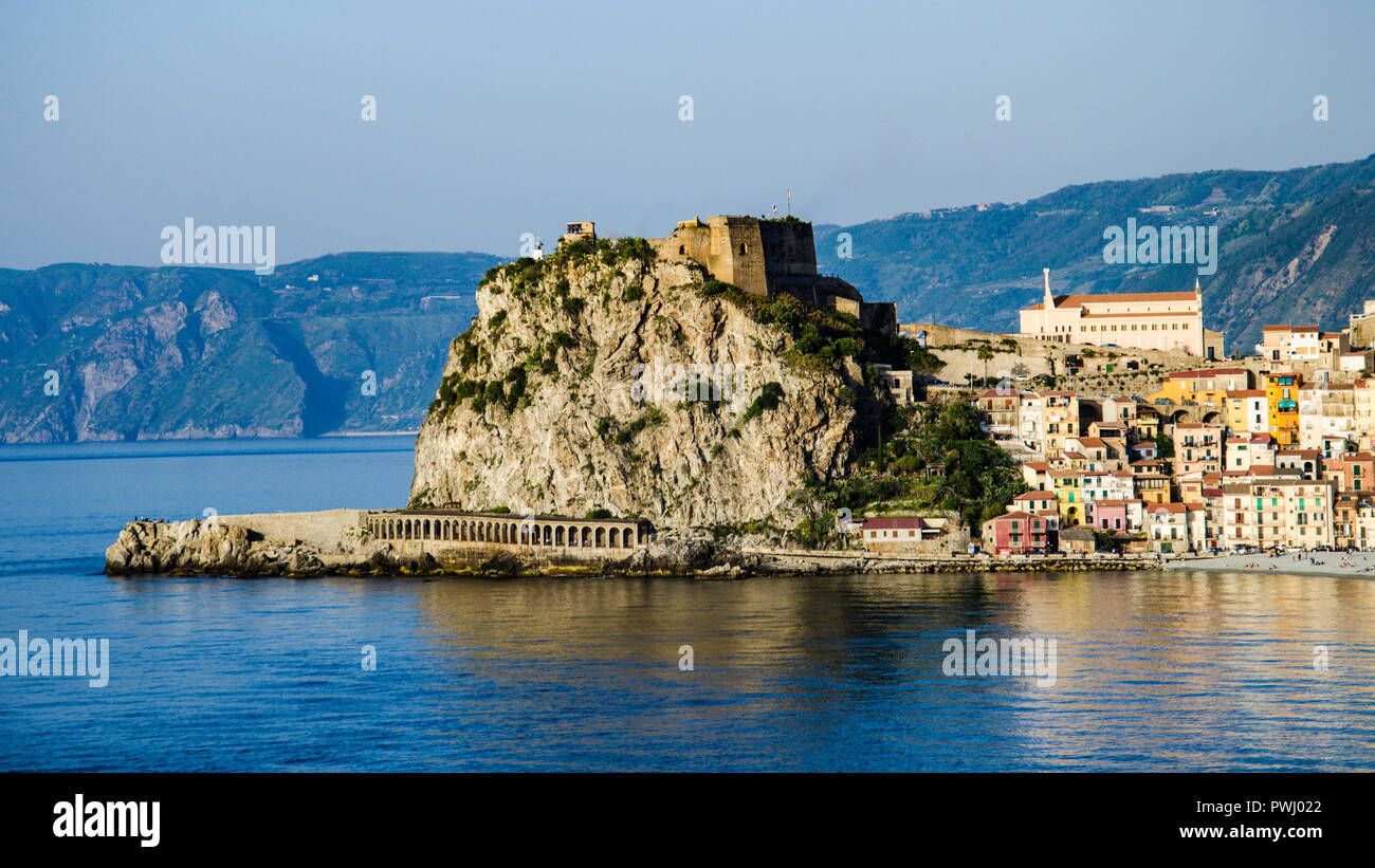 Scilla - Italy - May 2018: Landscape of Scilla with castle on a quiet ...