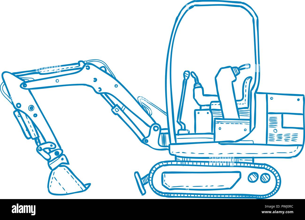 Mono line illustration of mechanical digger or excavator viewed from ...