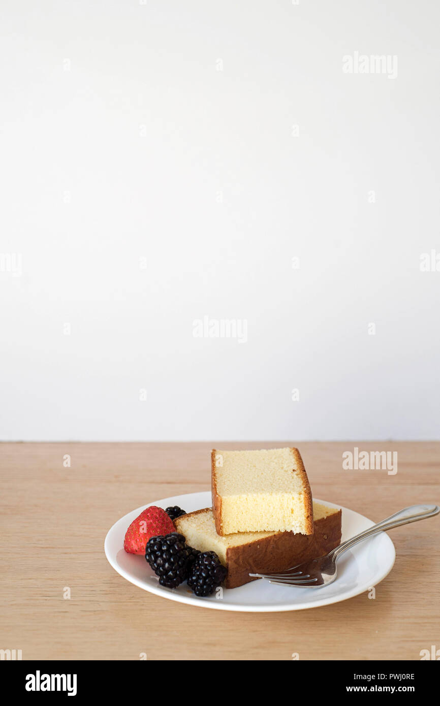 Wide Shot of Loaf Cake Slices Served on a While Plate in Front of a ...