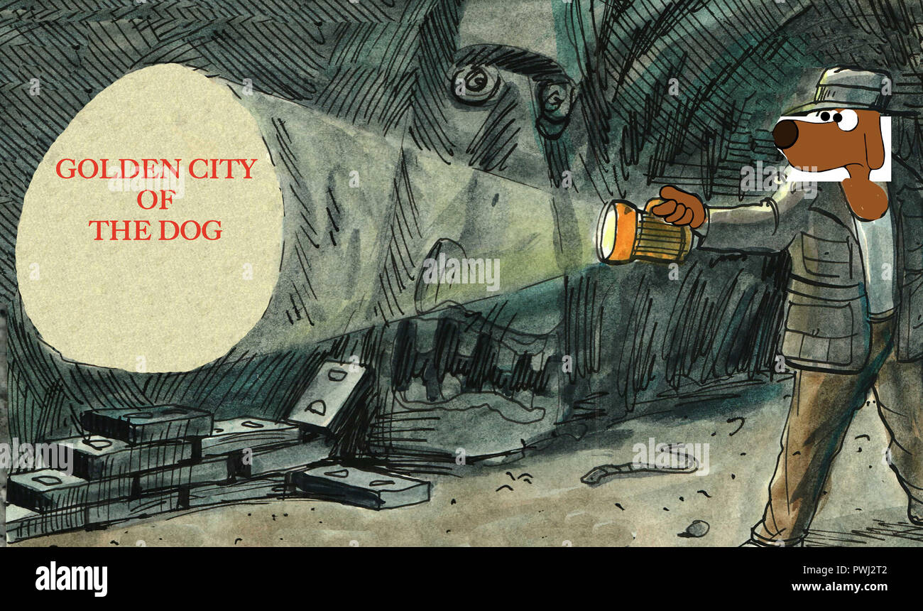 Dog explorer finds a golden dog city Stock Photo - Alamy
