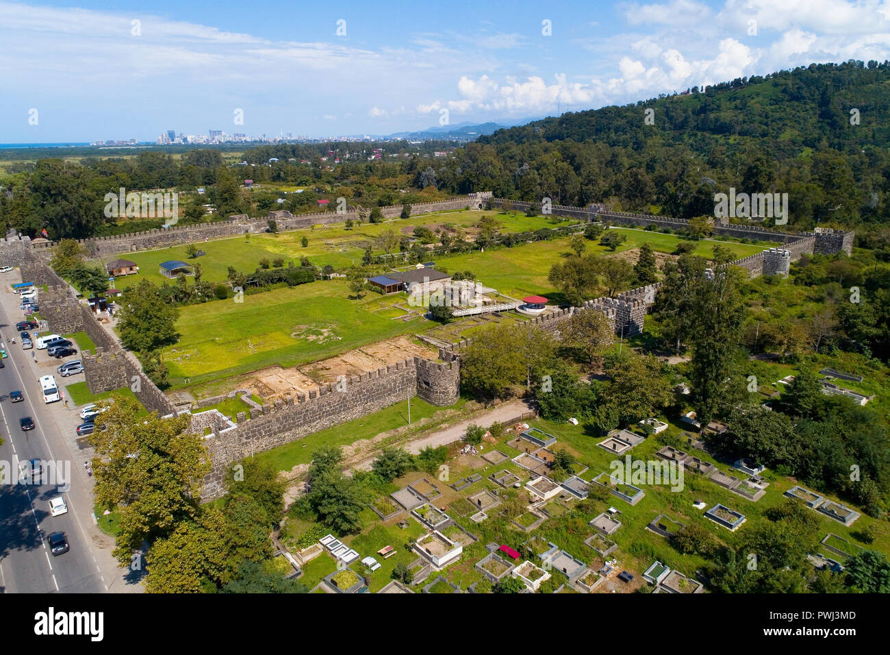 A view from above of the ruins of the fortress Gonio and the cemetery ...