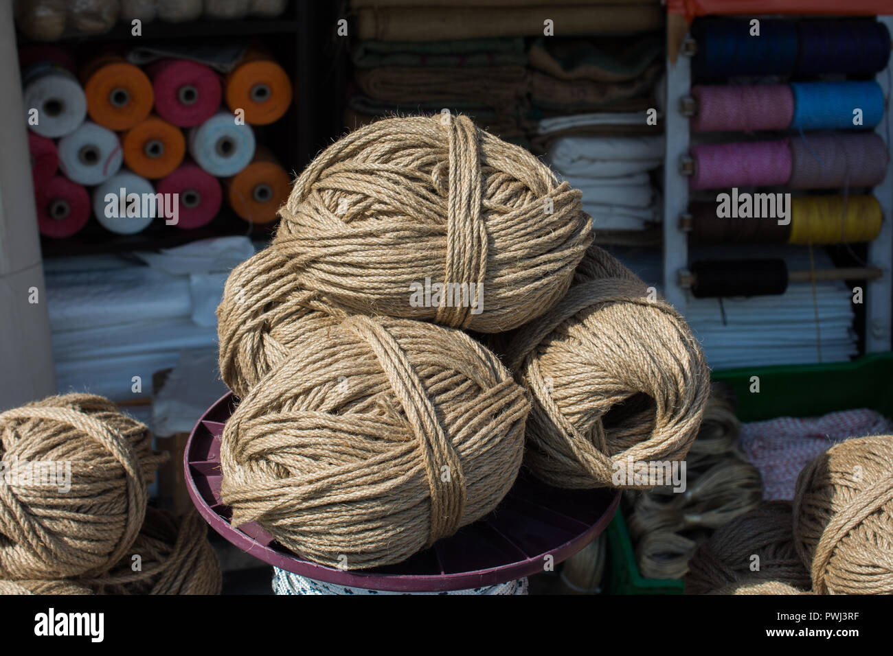 Spool of linen rope in a market place Stock Photo - Alamy