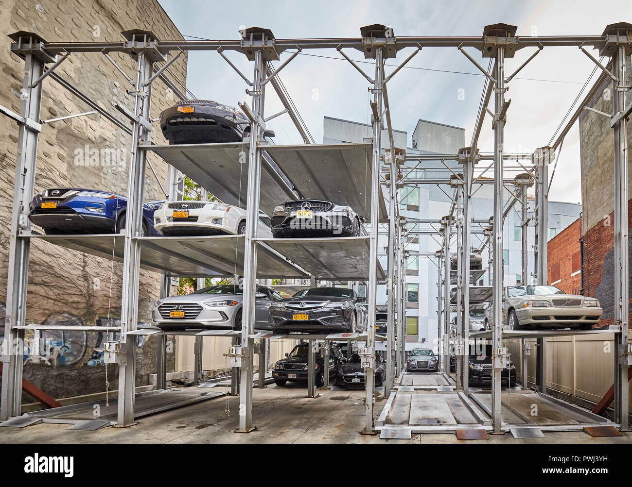 New York City, USA - July 06, 2018: Elevated parking system in ...
