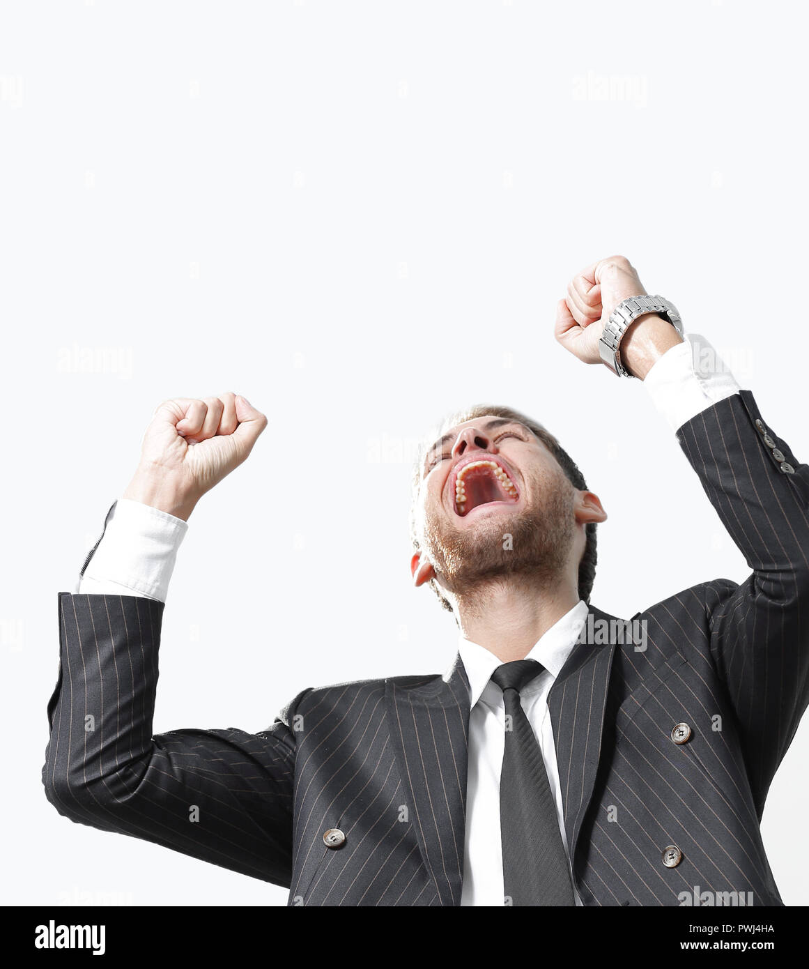 portrait, triumphant businessman ,isolated on white background Stock ...
