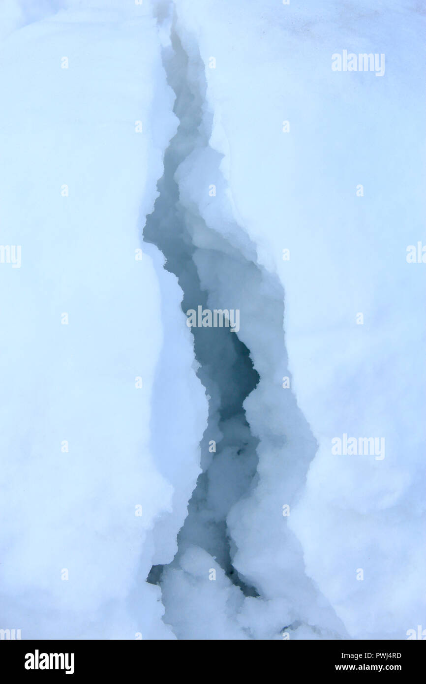 Crack in snow. Danger of avalanche. Fault in snow cover. Snow trap ...