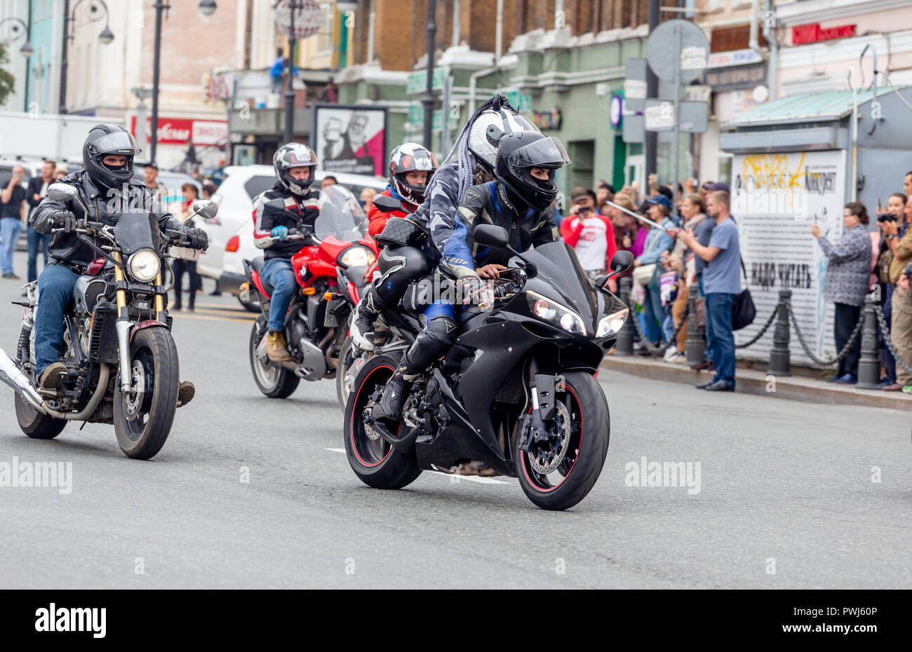 Russia, Vladivostok, 10/06/2018. Bikers ride the bikes (motorcycles) in ...