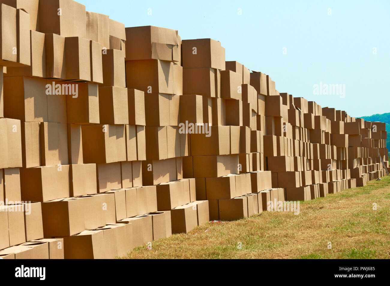 A stack of thousands of empty cardboard boxes placed to break the fall ...