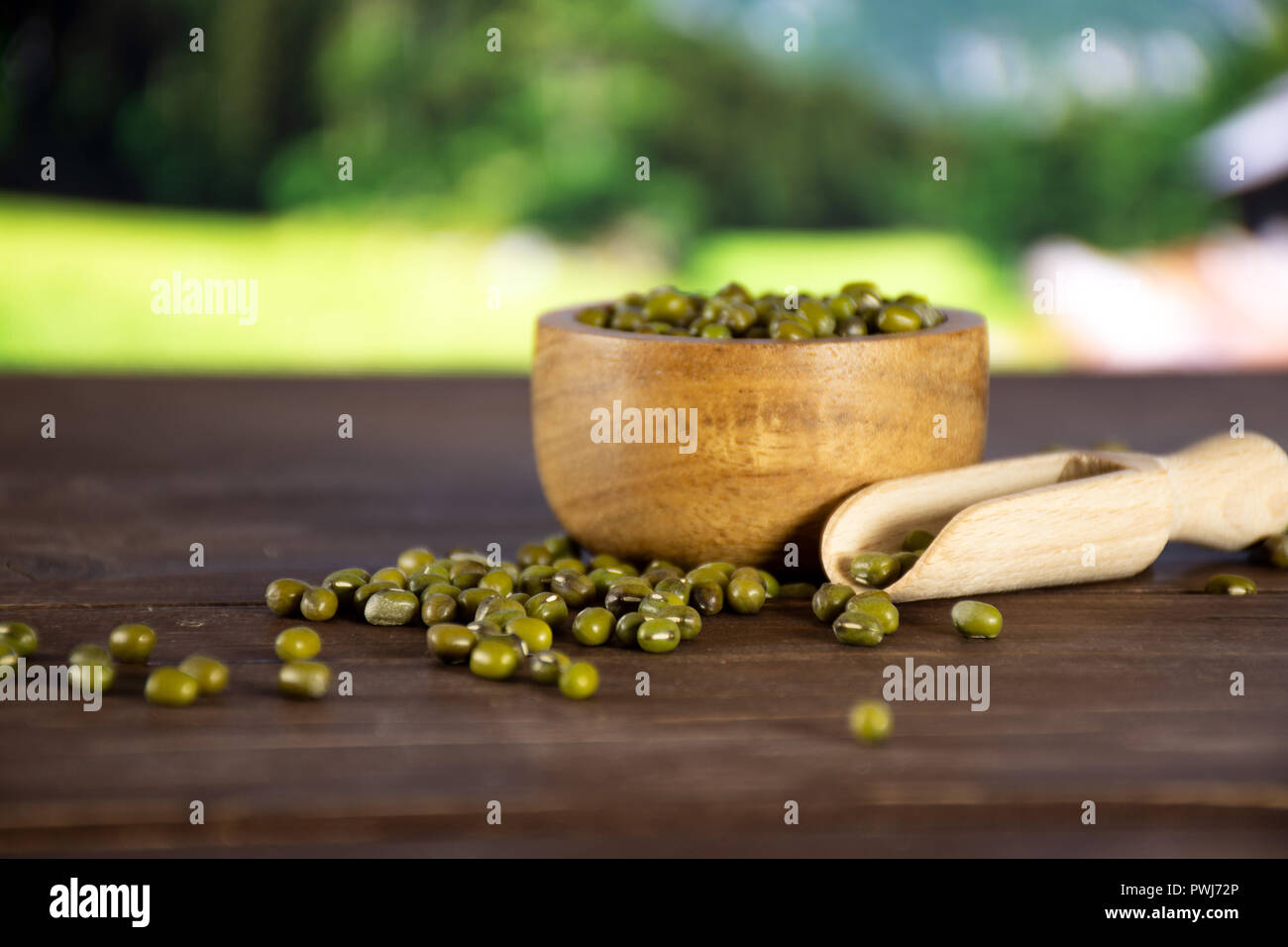 Lot of whole dry green mung beans with wooden bowl with country nature ...