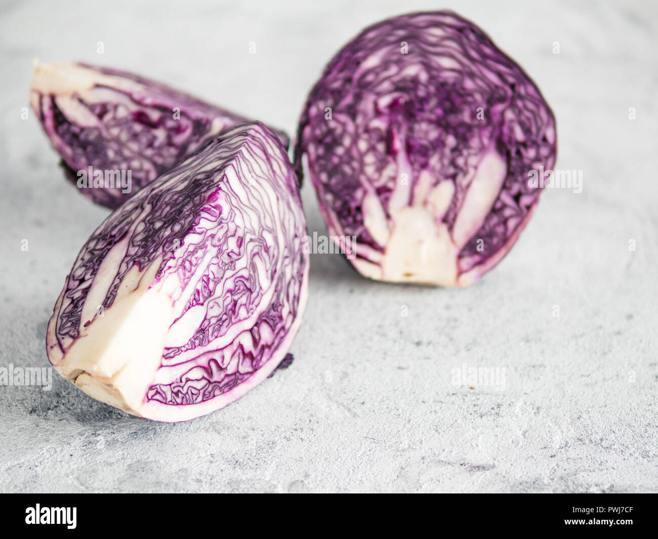 red cabbage on gray cement background. Front side view of red cabbage ...