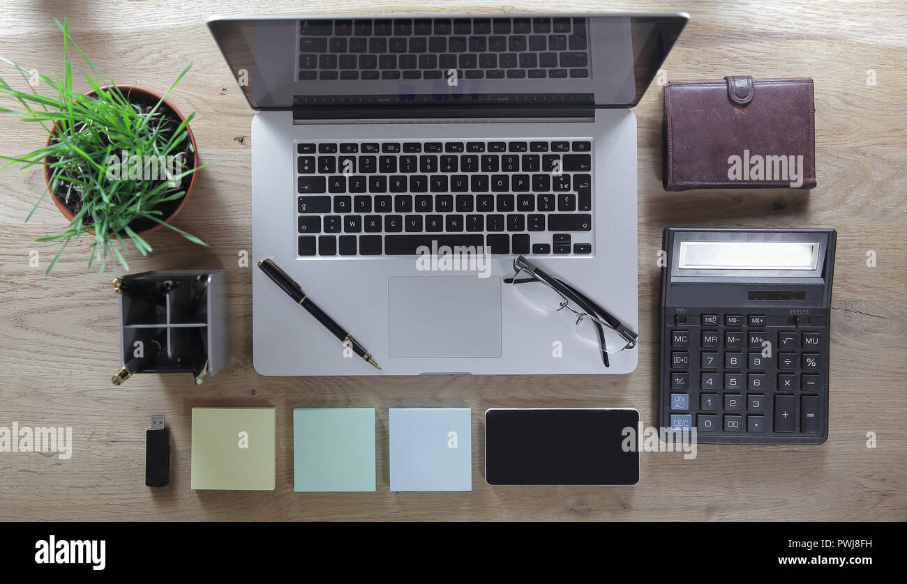 top view. items for work in the office Stock Photo - Alamy