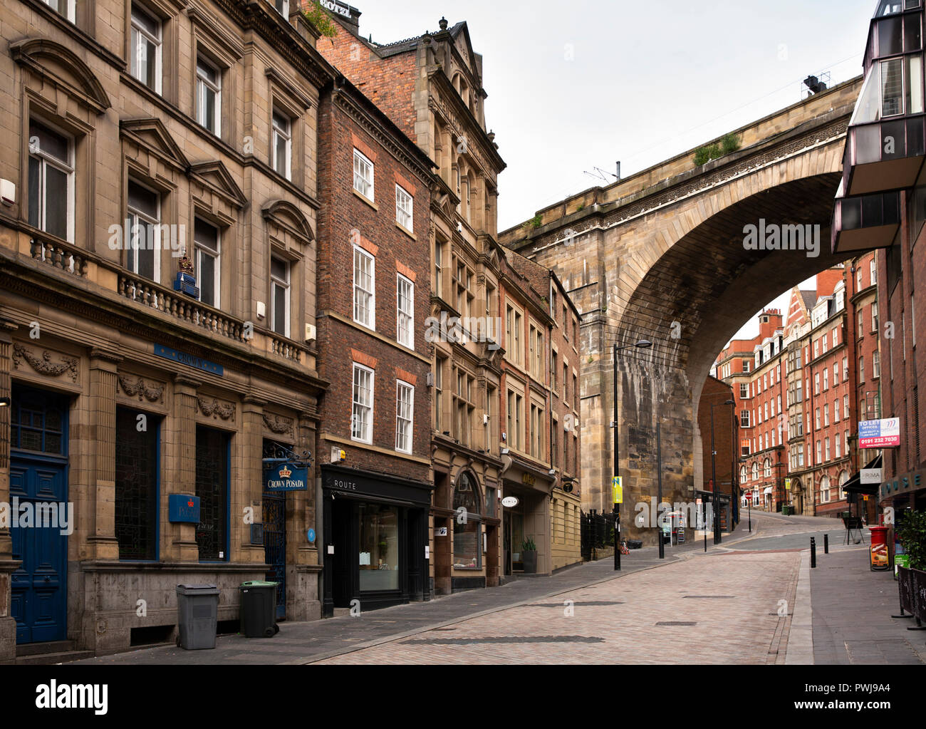 UK, England, Tyneside, Newcastle upon Tyne, Side passing below railway ...