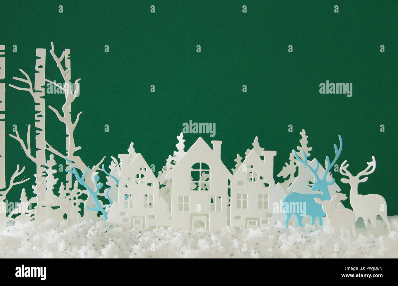 Magical Christmas paper cut winter background landscape with houses ...