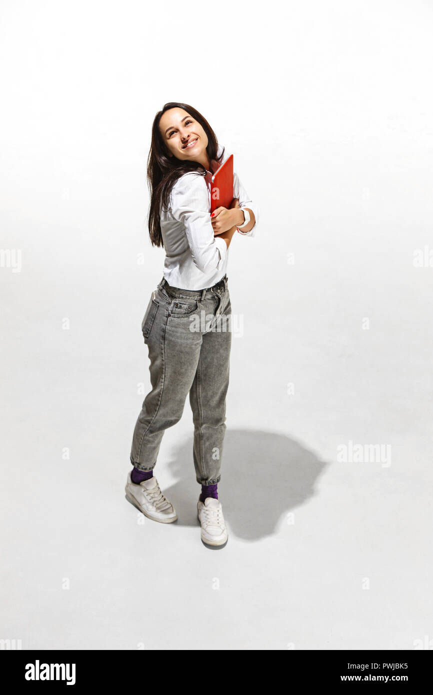 Businesswoman hugging laptop. Love to computer concept. Attractive ...