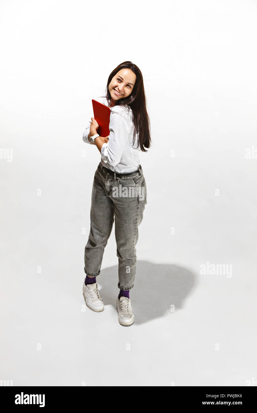 Businesswoman hugging laptop. Love to computer concept. Attractive ...