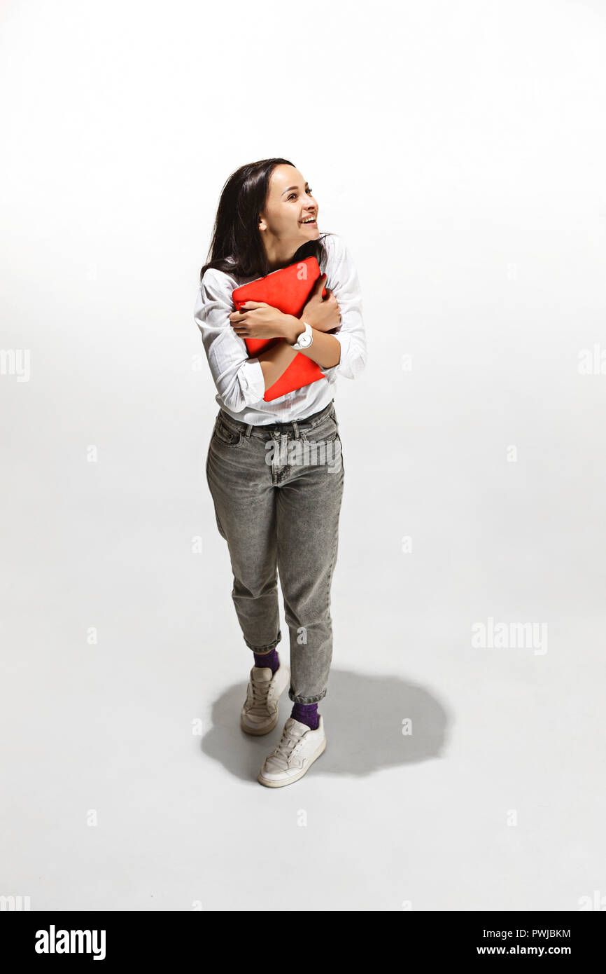 Businesswoman hugging laptop. Love to computer concept. Attractive ...