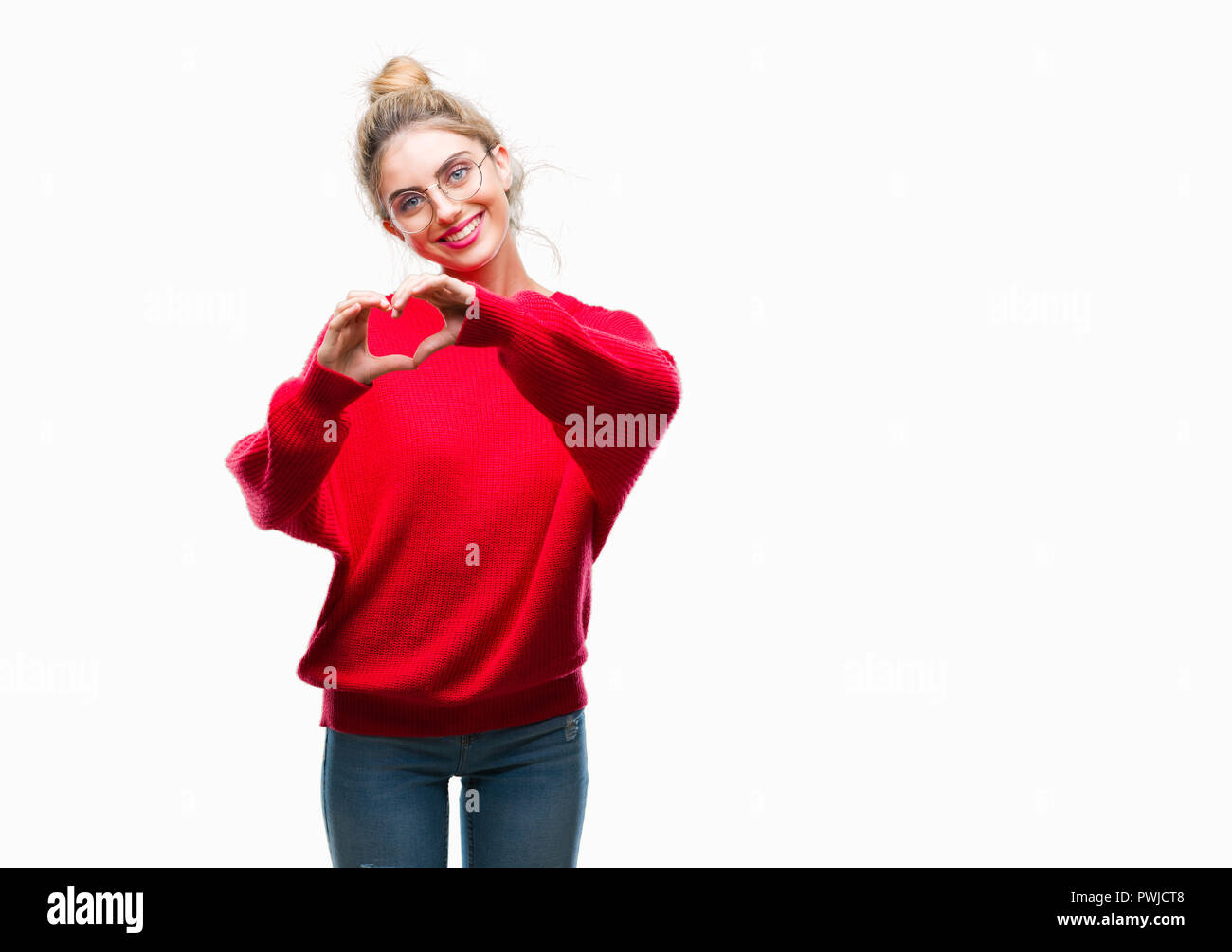 Young Beautiful Blonde Woman Wearing Red Sweater And Glasses Over Isolated Background Smiling In