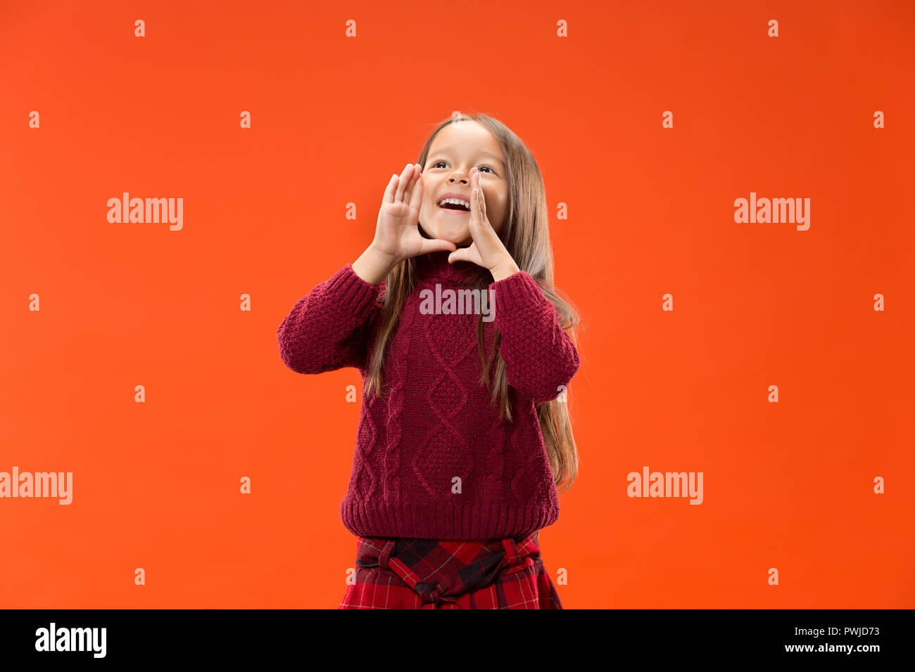 Do not miss. Young casual teen girl shouting. Shout. Crying emotional ...