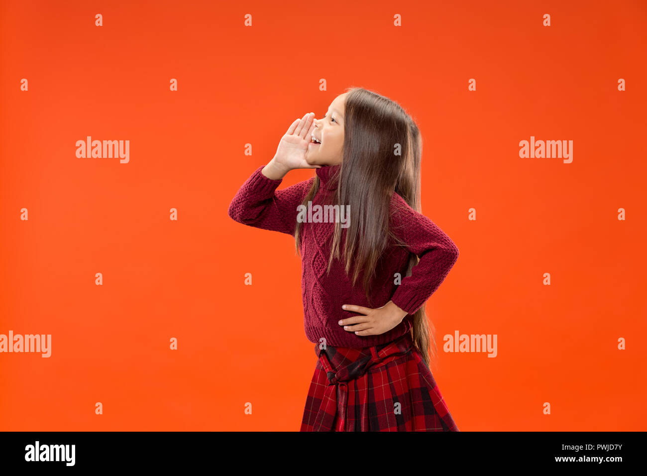 Do not miss. Young casual teen girl shouting. Shout. Crying emotional ...