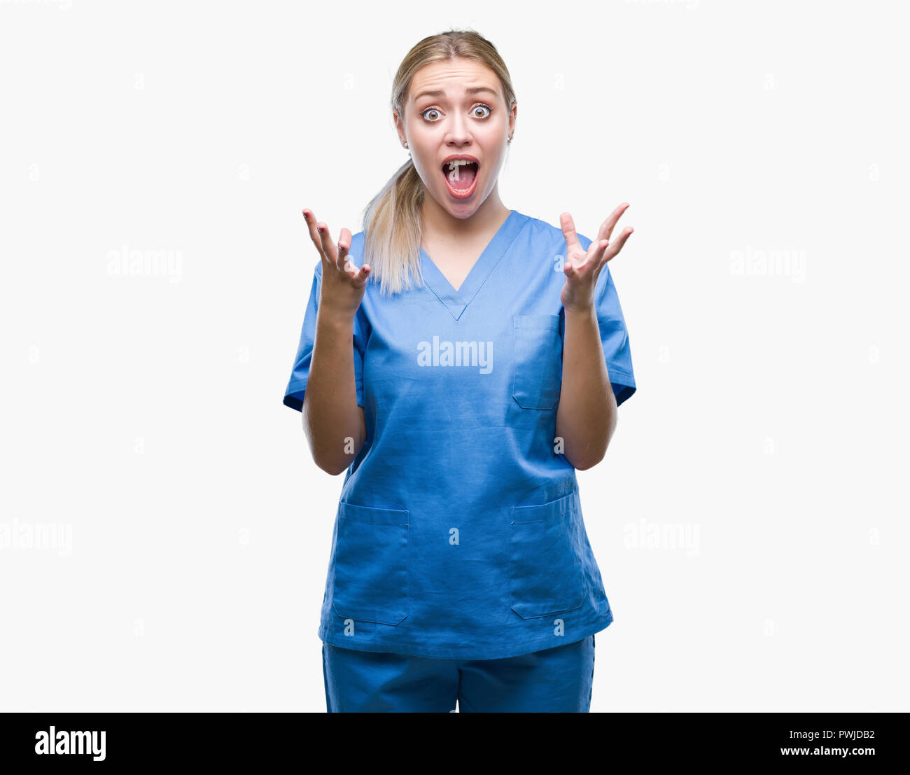 Young blonde surgeon doctor woman wearing medical uniform over isolated ...
