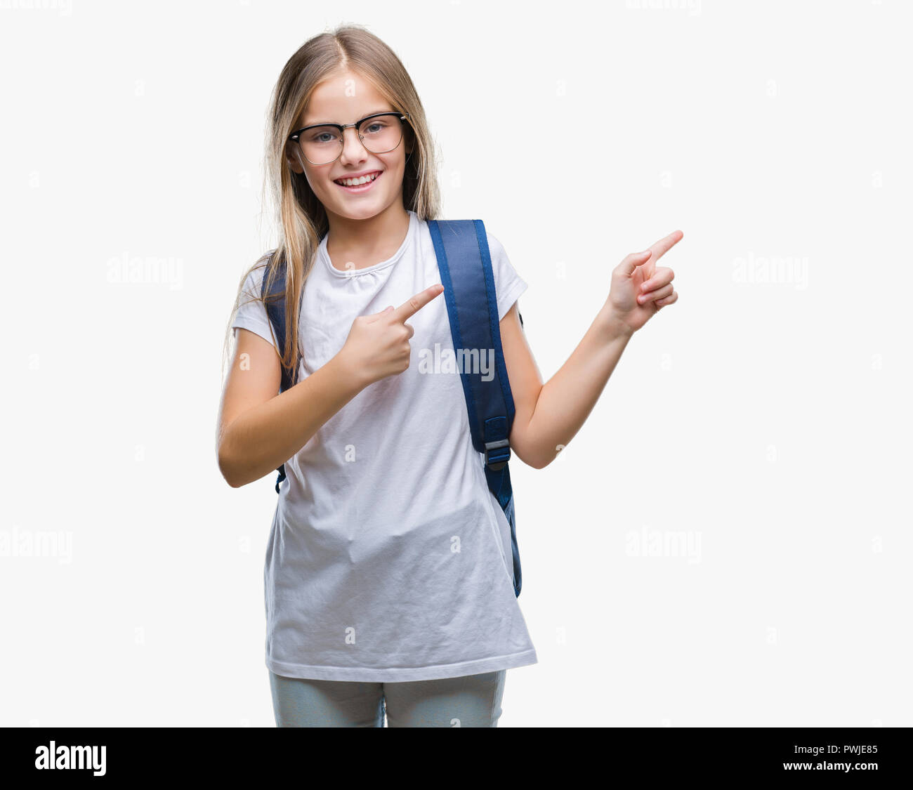 Young beautiful smart student girl wearing backpack over isolated ...