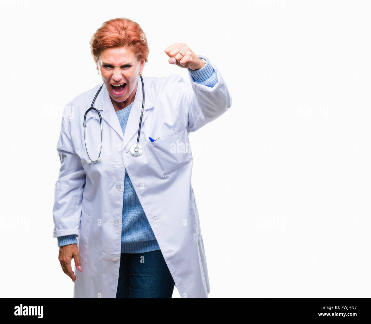 Senior caucasian doctor woman wearing medical uniform over isolated ...