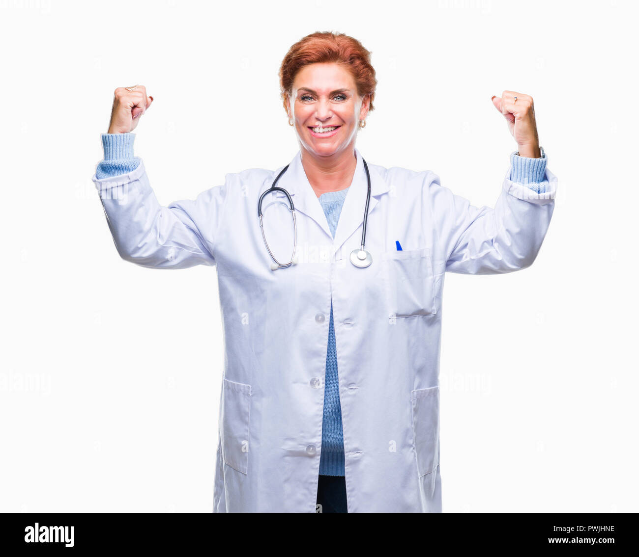Senior caucasian doctor woman wearing medical uniform over isolated ...