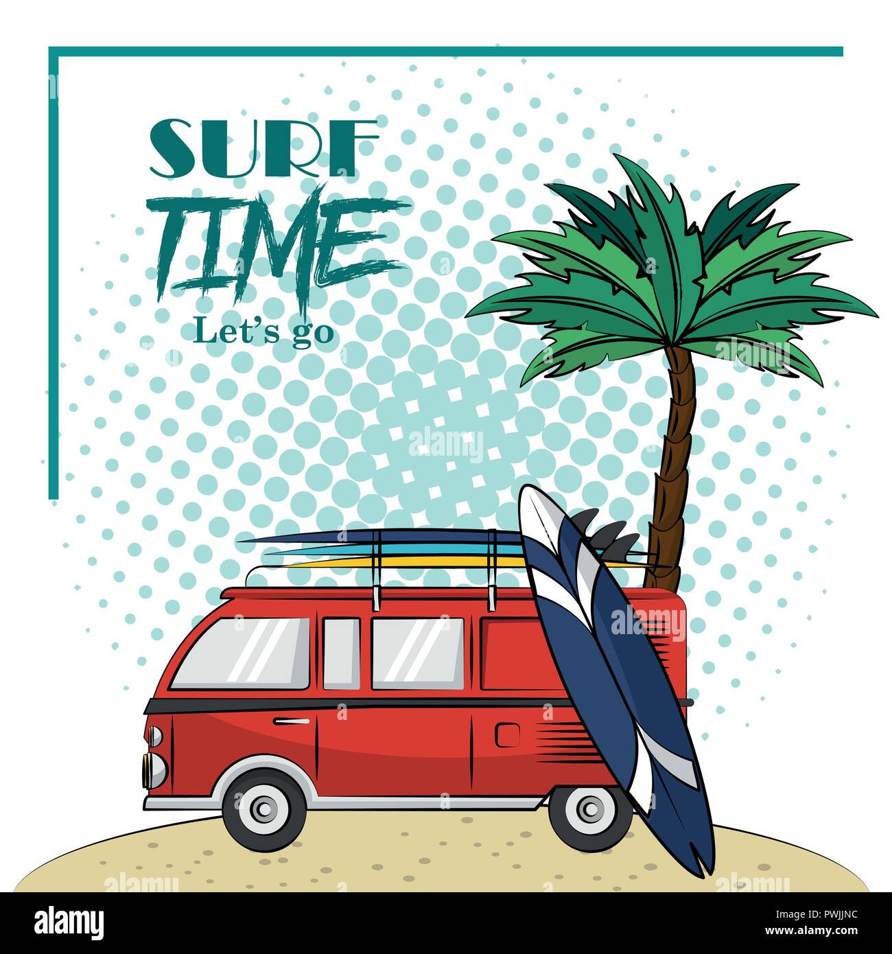 surf time tropical theme with minivan and palm trees poster vector ...