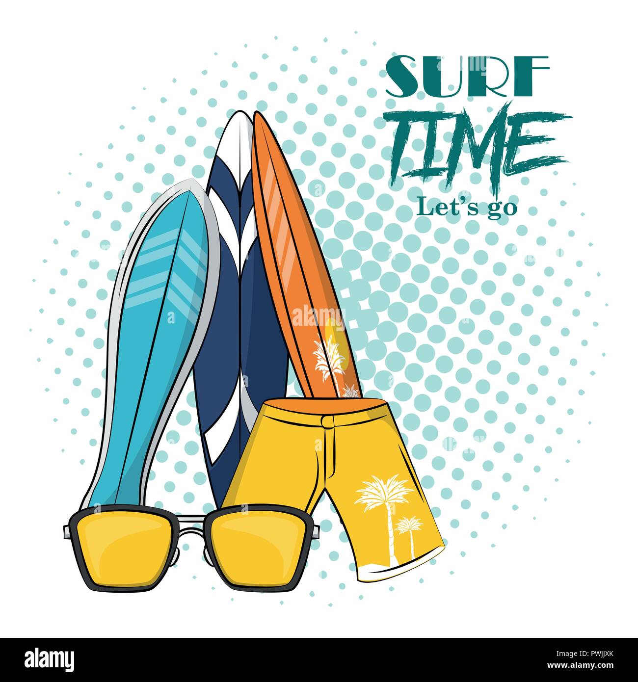 surf time tropical theme with surfboard and sunglasses poster vector ...