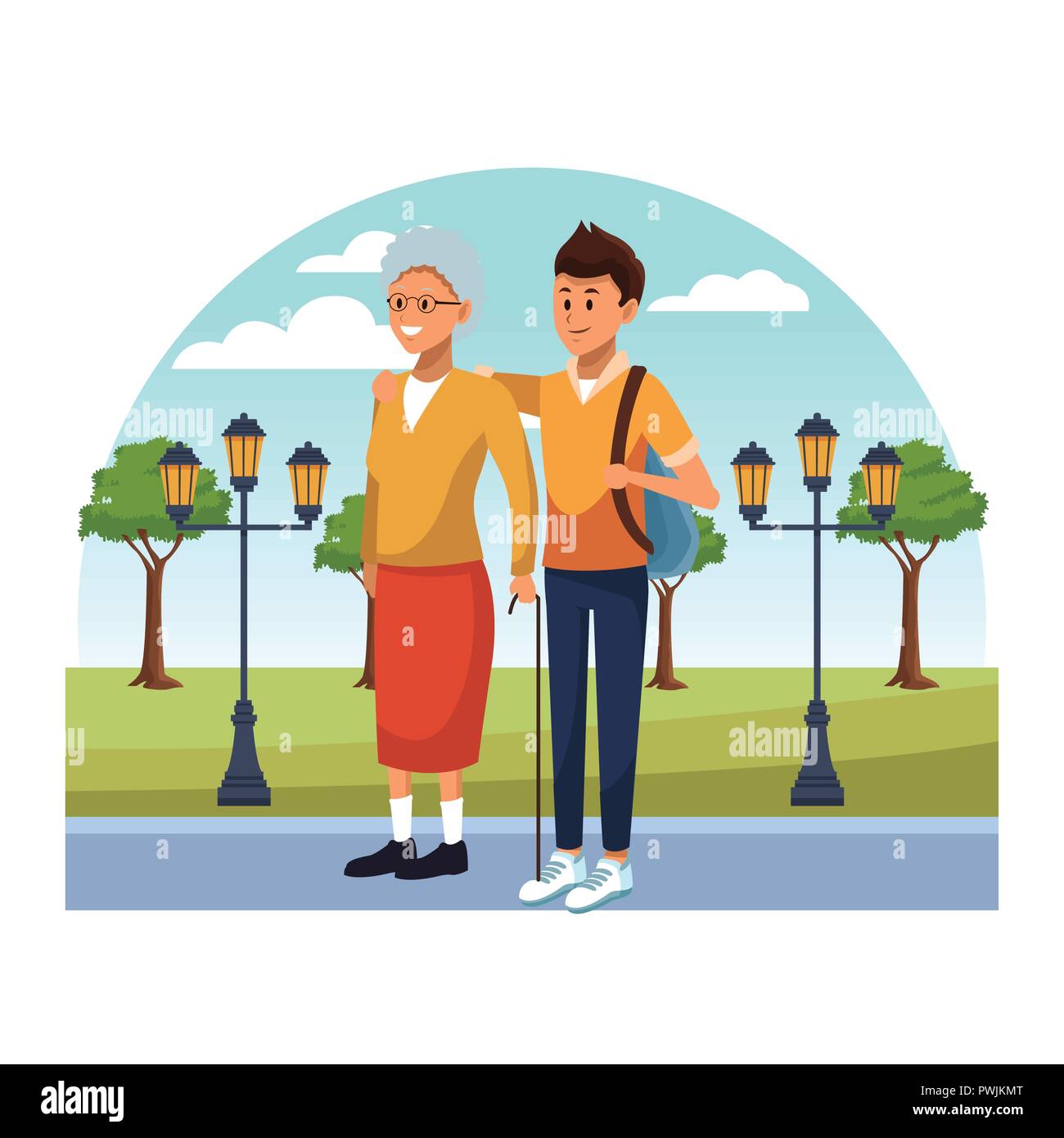 young person giving support and helping the elderly cartoon vector ...