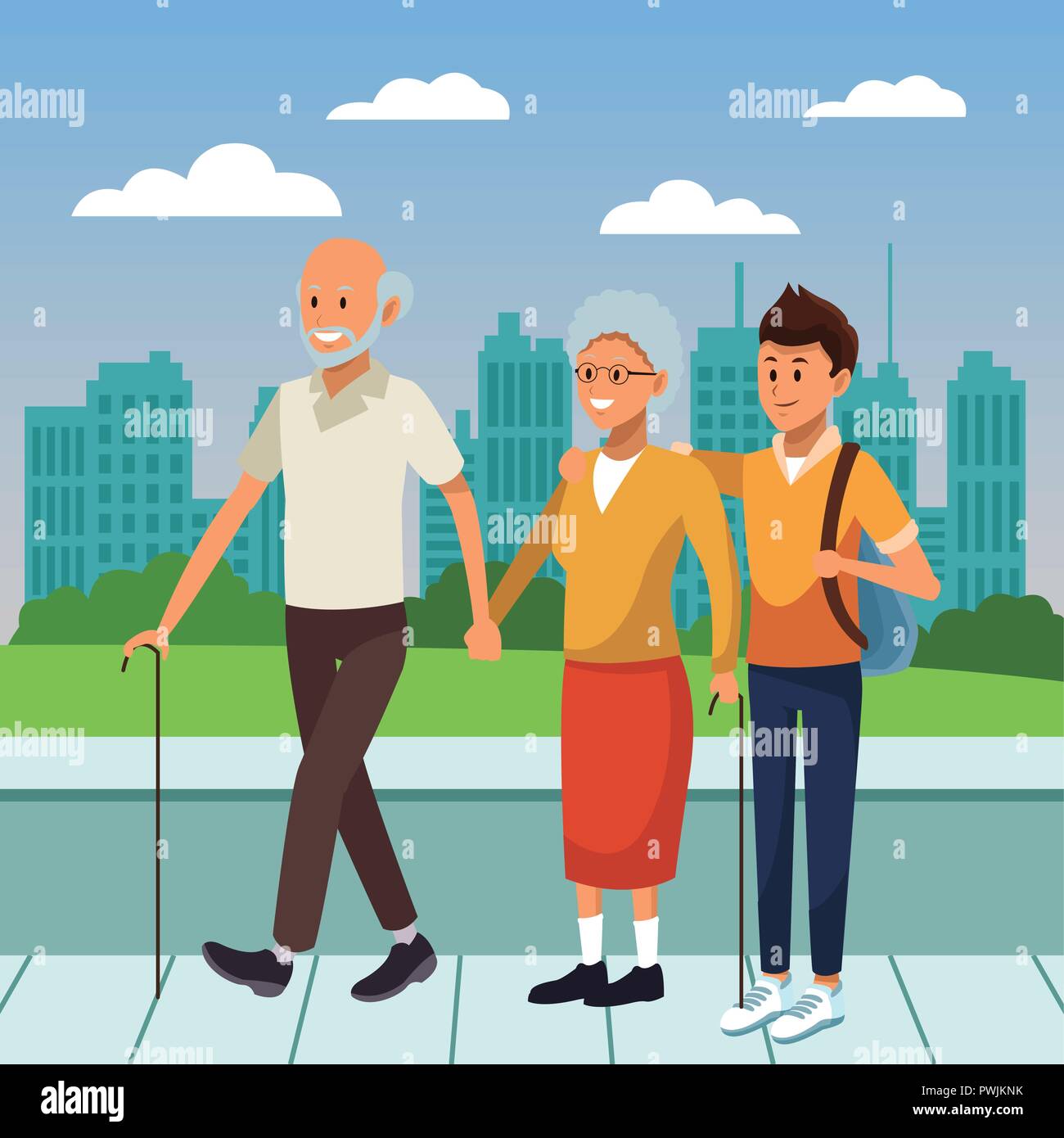 young person giving support and helping the elderly cartoon vector ...