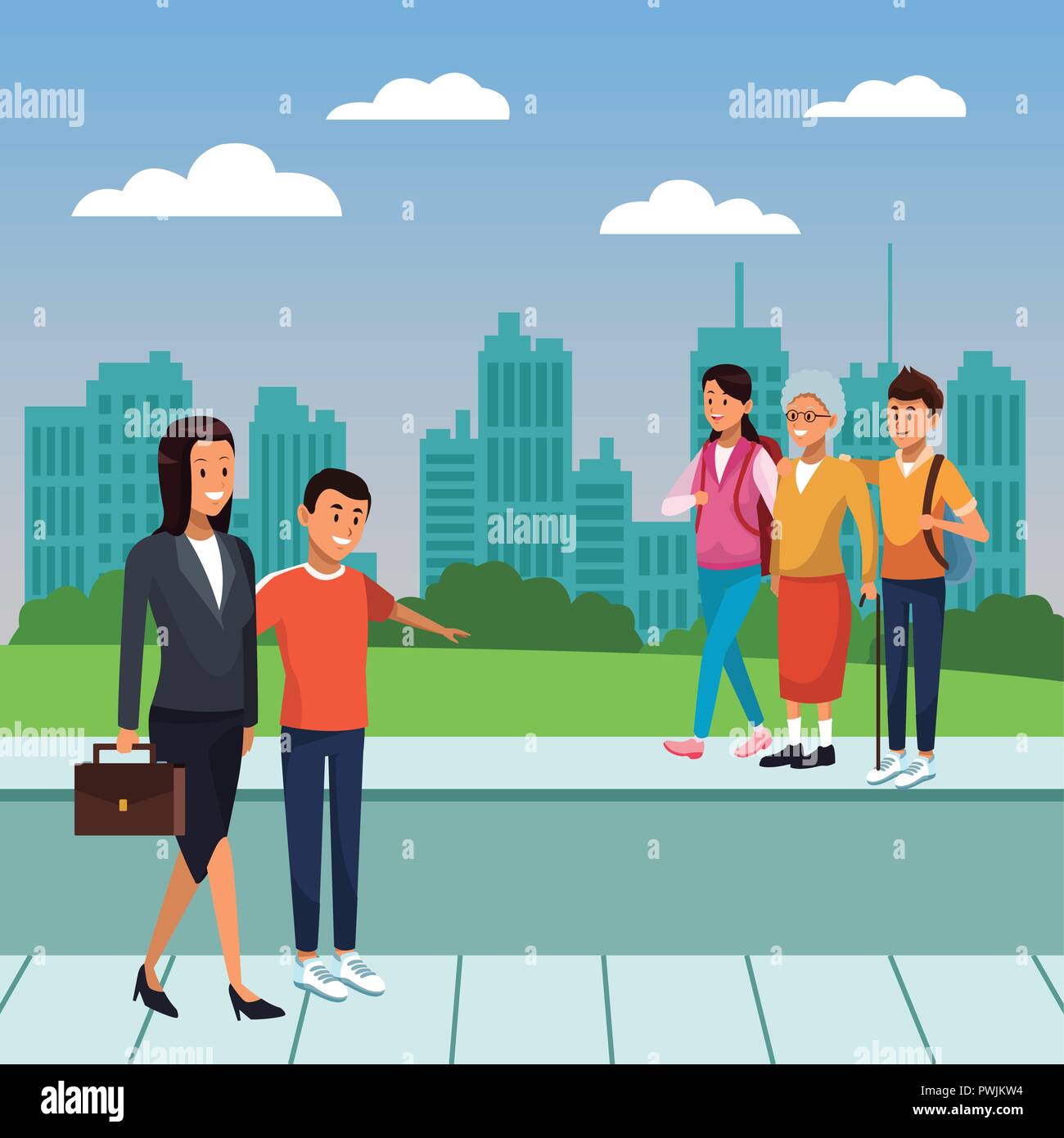 young people giving support and helping the elderly cartoon vector ...