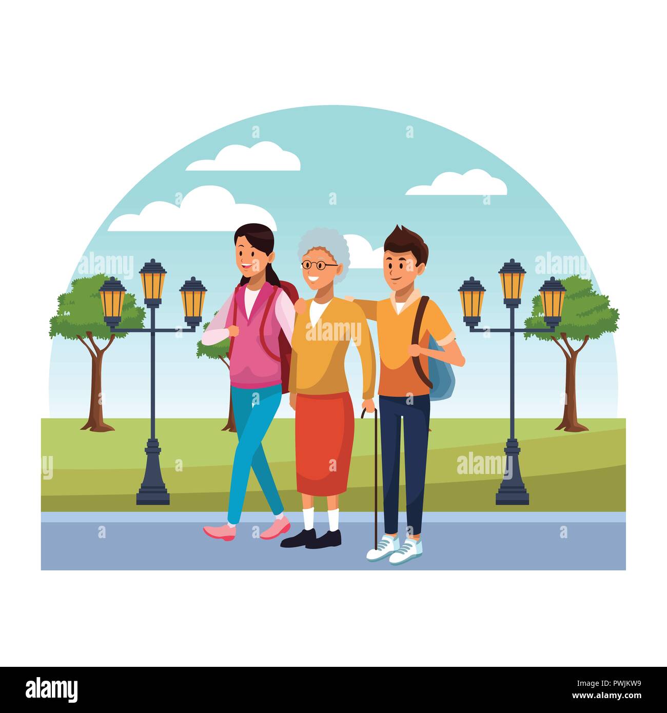 young people giving support and helping the elderly cartoon vector ...